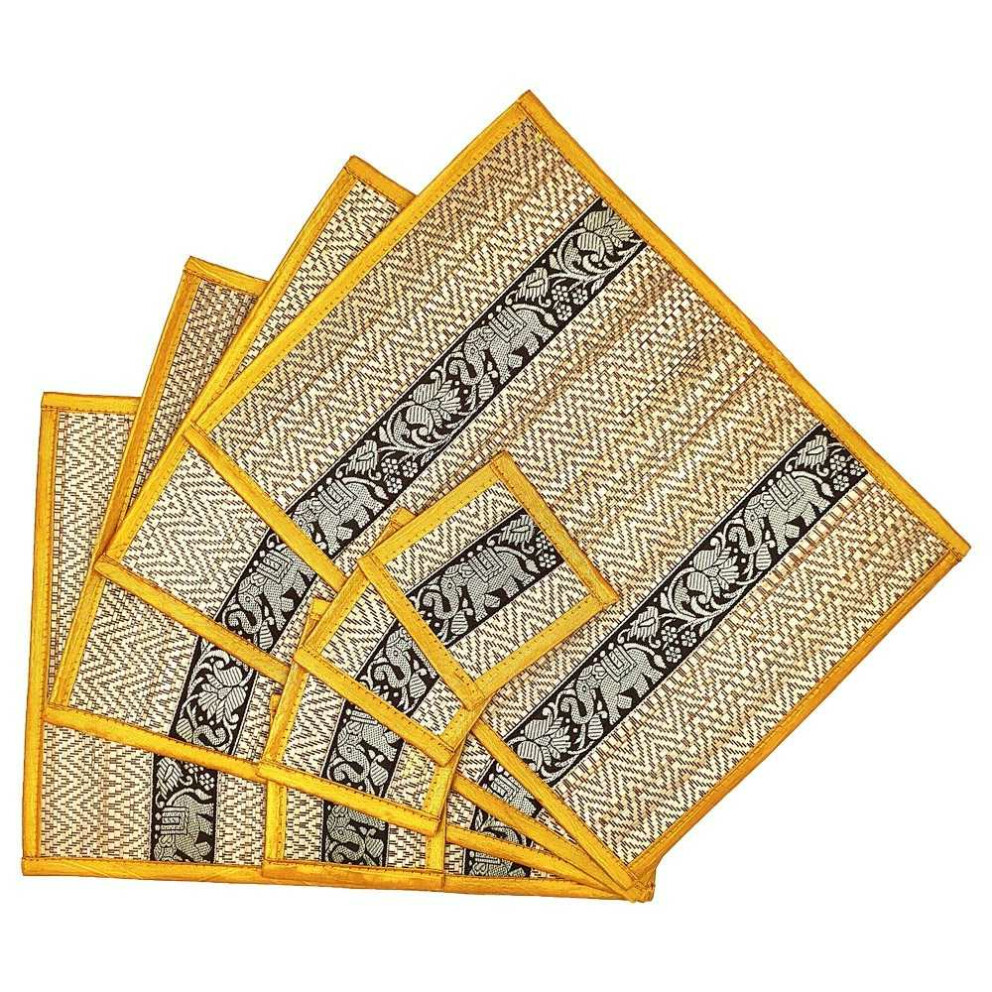 Thai Tisch-Set Untersetzer Platz-Set 8-teilig aus Bast mit Elefantenm