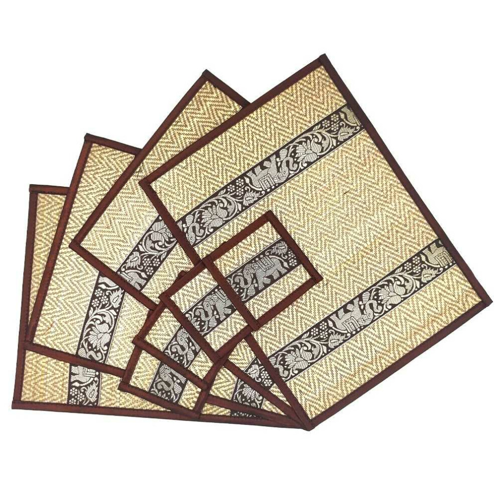 Thai Tisch-Set Untersetzer Platz-Set 8-teilig aus Bast mit Elefantenm
