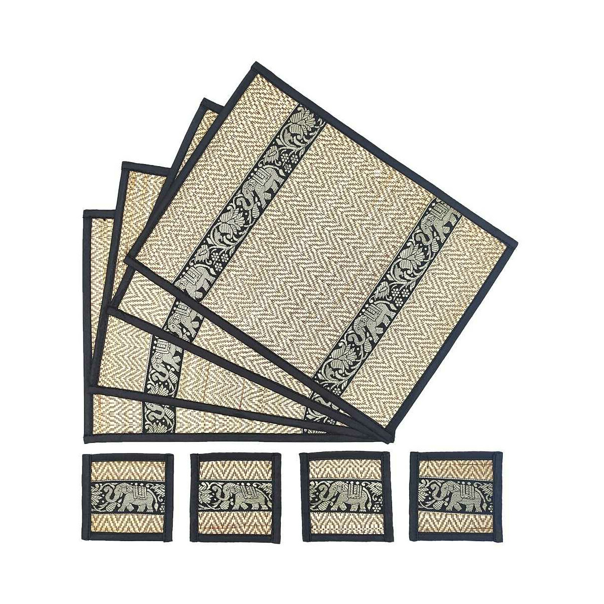 Thai Table Set Coasters Place Set 8 Piece Bast with Elephant Pattern