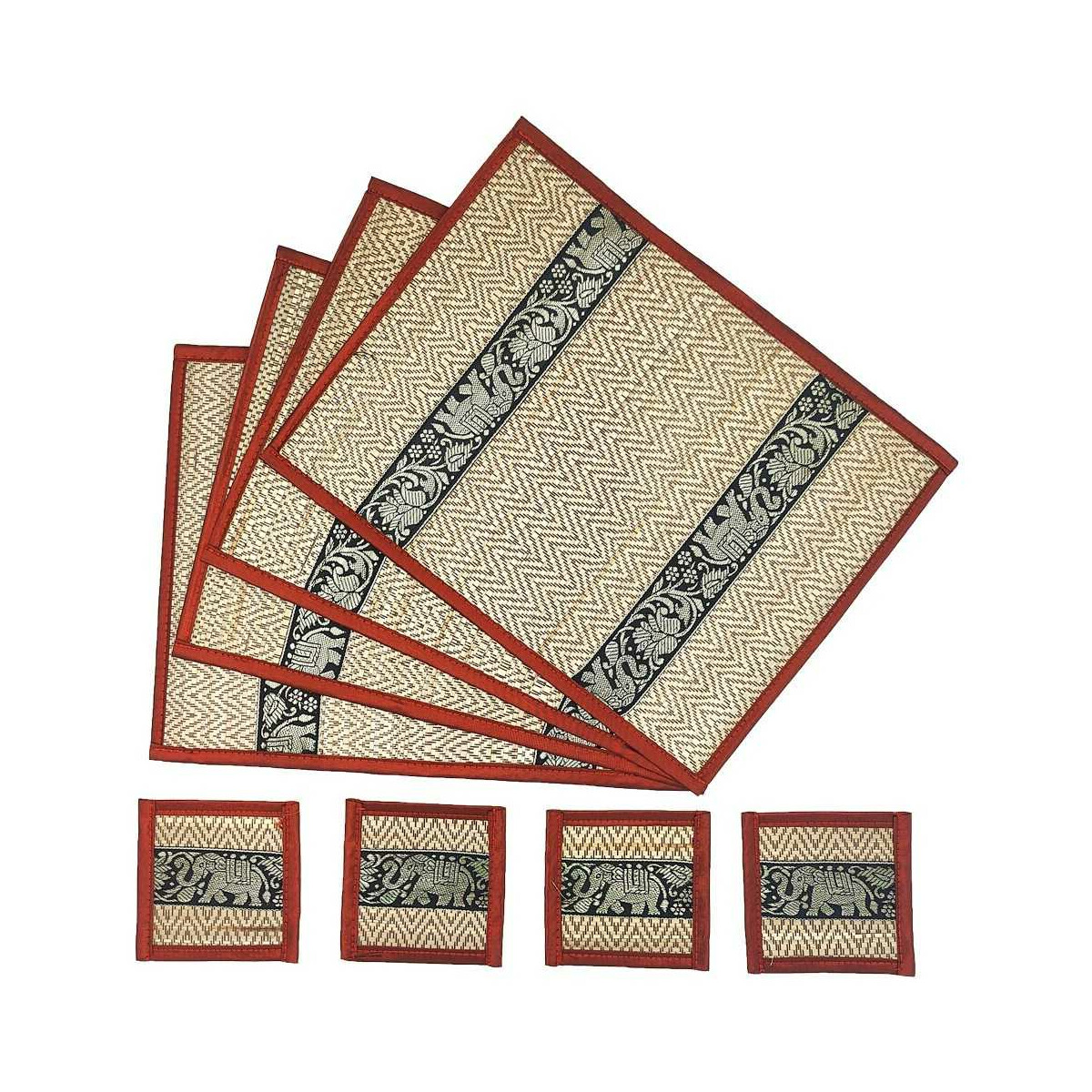 Thai Table Set Coasters Place Set 8 Piece Bast with Elephant Pattern
