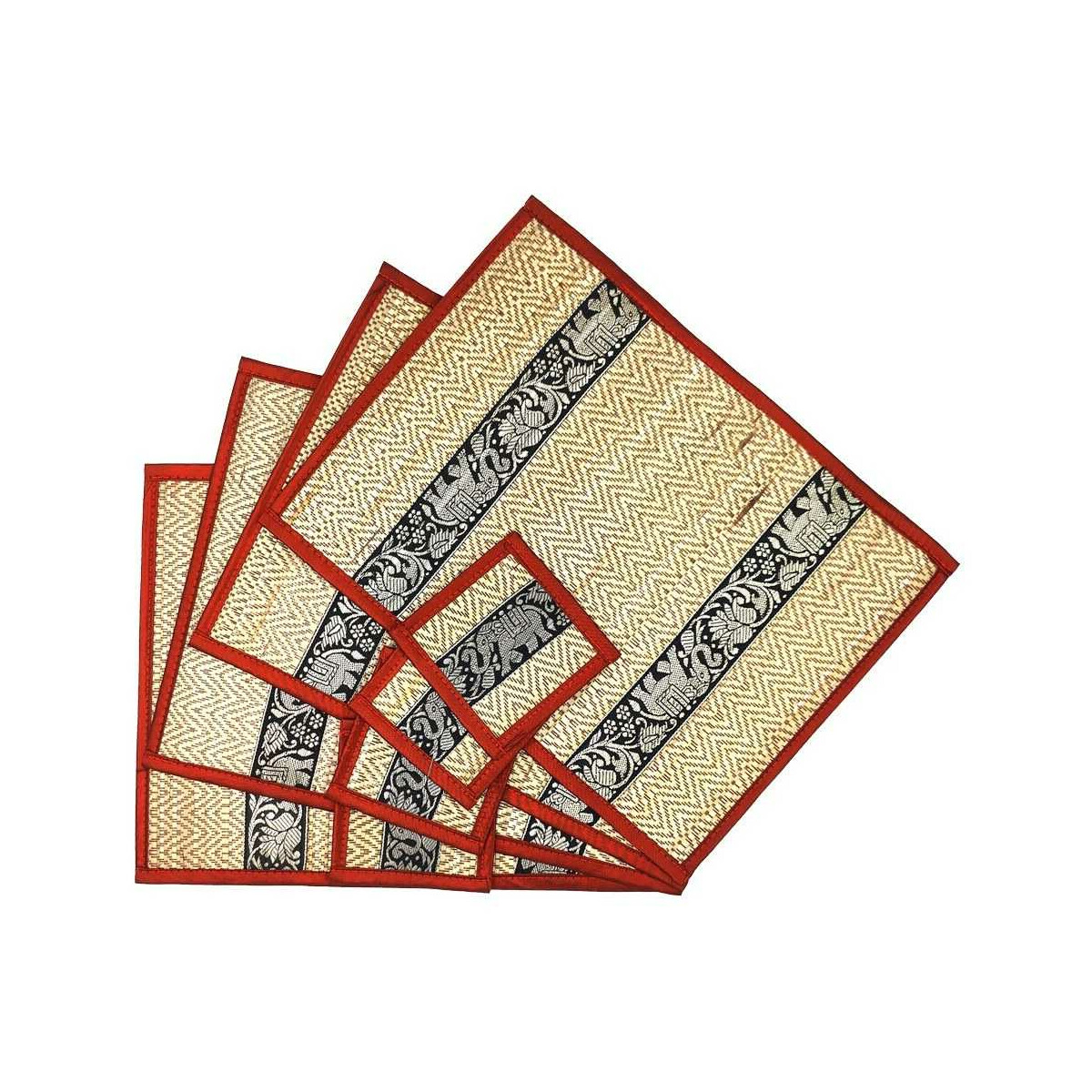 Thai Tisch-Set Untersetzer Platz-Set 8-teilig aus Bast mit Elefantenm