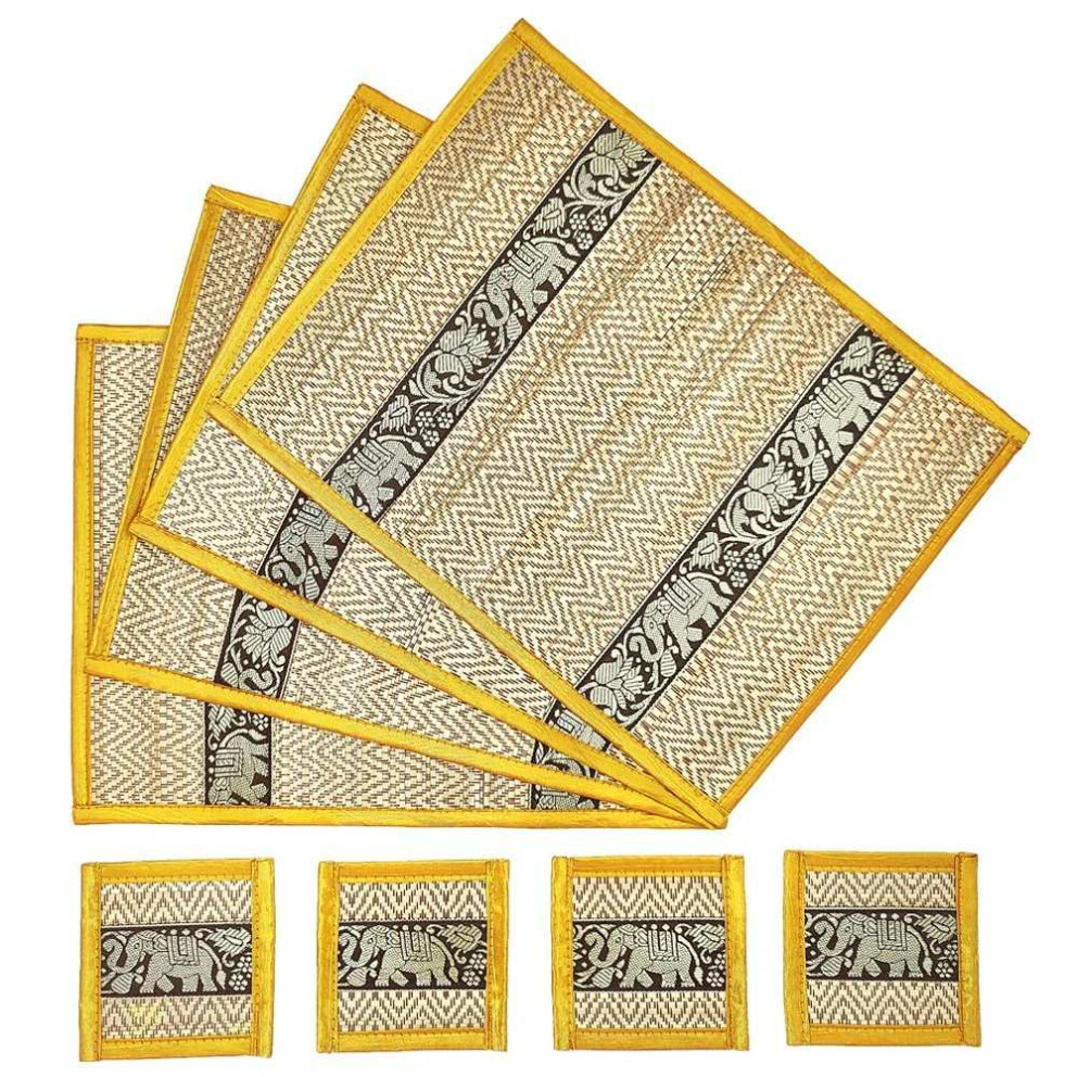 Thai Tisch-Set Untersetzer Platz-Set 8-teilig aus Bast mit Elefantenm